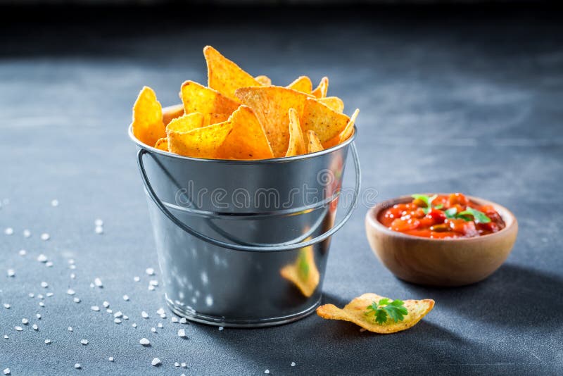 Golden Nachos with Tomato Dip and Coriander Stock Image - Image of ...