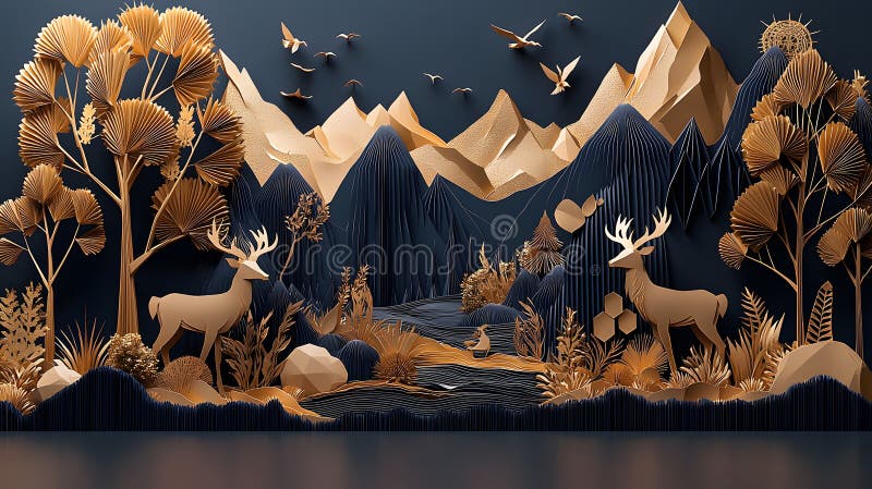 Golden Nature Scene with Deer and Mountains Stock Illustration ...