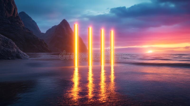 Golden Neon Lights Creating Bright Columns on a Beach Stock ...
