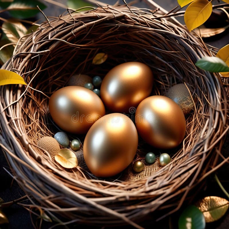 Golden Egg in a Nest with Leaves on a White Background with a Light ...
