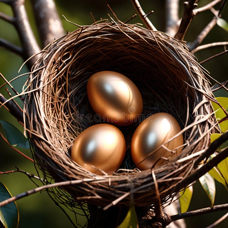 Golden Egg in a Nest with Leaves on a White Background with a Light ...