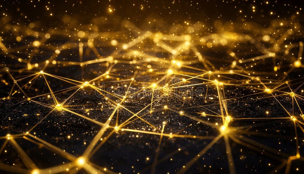 Golden Network, Abstract Structure with Bright Particles, Digital Art ...