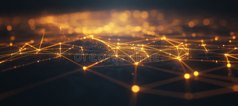Golden Network, Connected Dots on Dark Background, Abstract ...