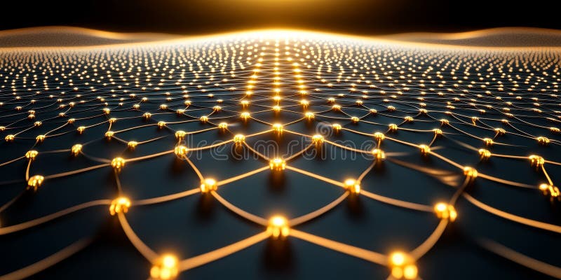 Golden Network Grid with Connecting Lines Over Black Mirrored Surface ...