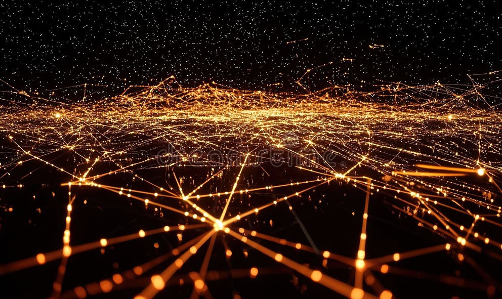 Golden Network Grid Connecting Points on Dark Starry Background, Ideal ...