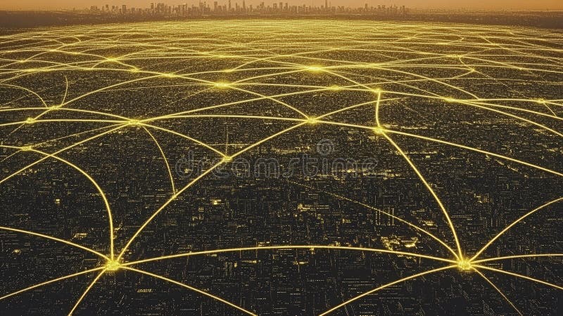Golden Network Web Spreading Across a Large Cityscape Stock ...