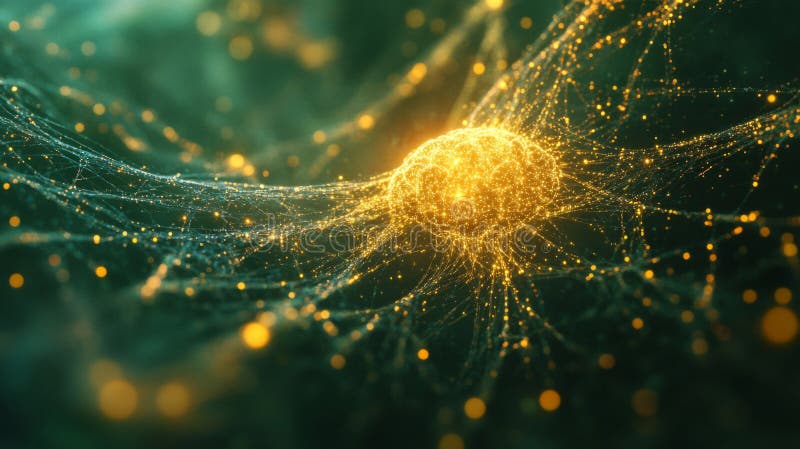Golden Neural Network Glowing Brightly in Darkness Stock Illustration - Illustration of glow ...