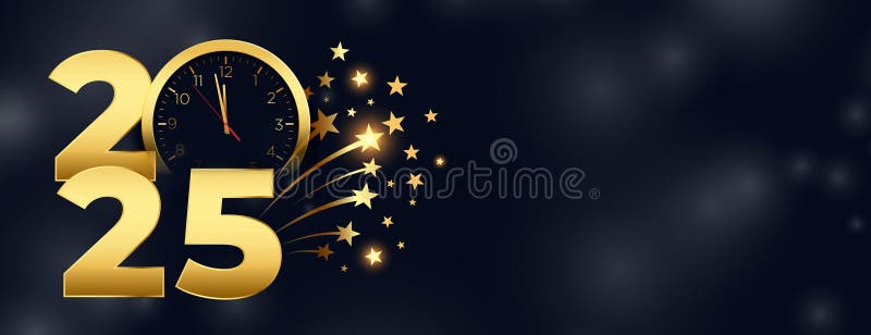 Golden 2025 New Year Clock Banner with Bursting Stars Stock Vector ...