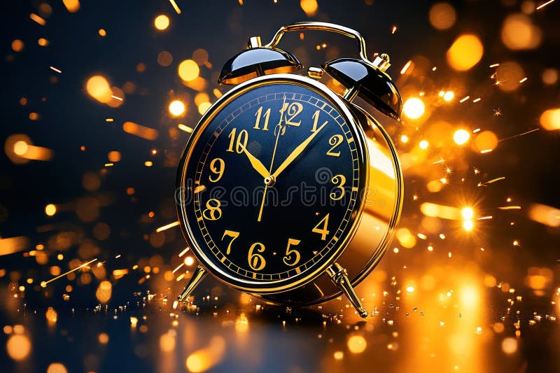 Golden New Year Countdown: Clock and Fireworks on Abstract Defocused ...