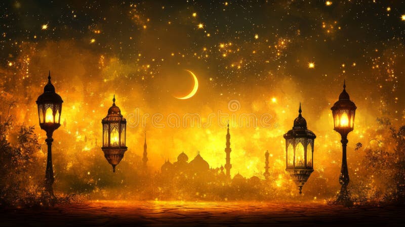 Golden Night Scene with Lanterns and Mosque Silhouette Stock ...