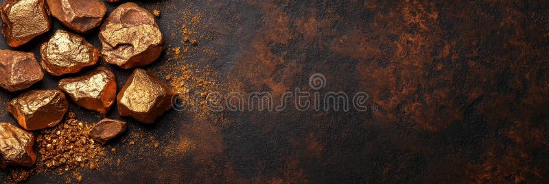 Golden Nuggets and Gold Glitter Sand on a Dark Rustic Stone Tabletop ...