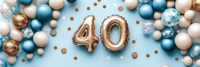 Golden Number 40 Balloons on Blue Background with Festive Balloons for ...