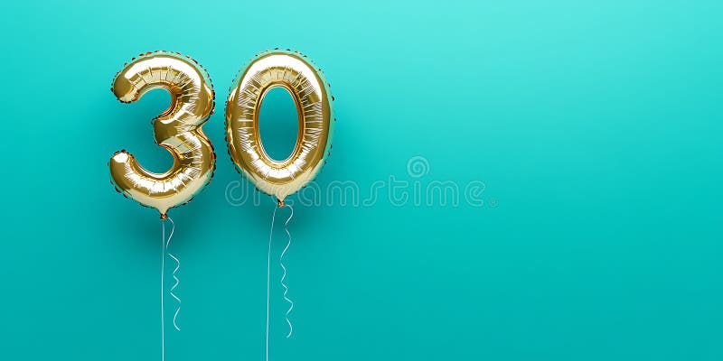 Golden Number 30 Balloons on Vibrant Turquoise Background Stock ...