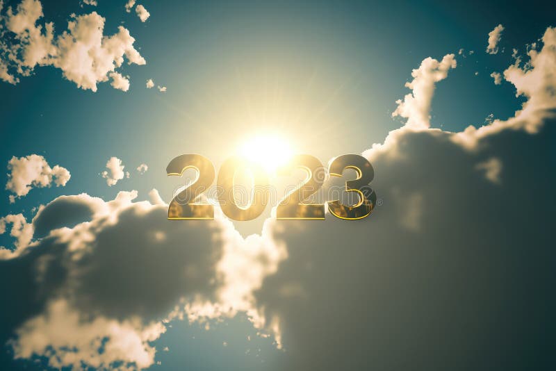 Golden Number 2023 in the Clouds with Sunshine Stock Illustration ...