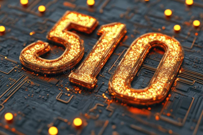 Golden Number 510 on a High-tech Circuit Board Background with Glowing ...