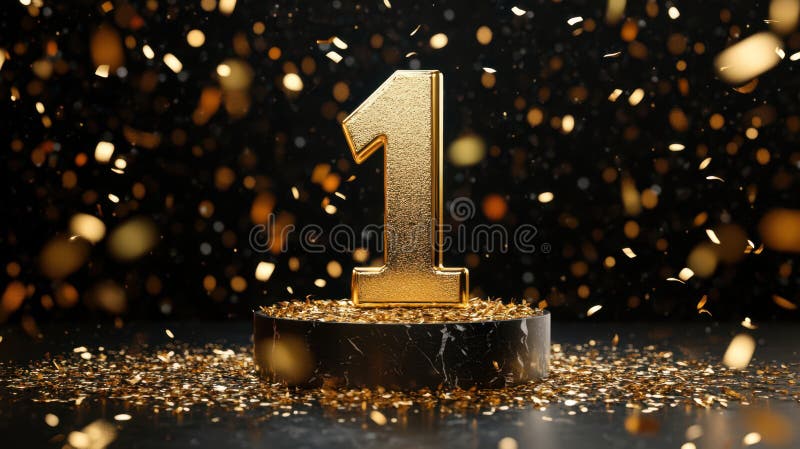 A Golden Number One on a Podium with Golden Confetti Stock Illustration ...