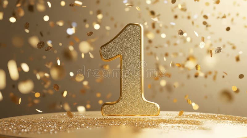 A Golden Number One on a Podium with Golden Confetti Stock Illustration ...