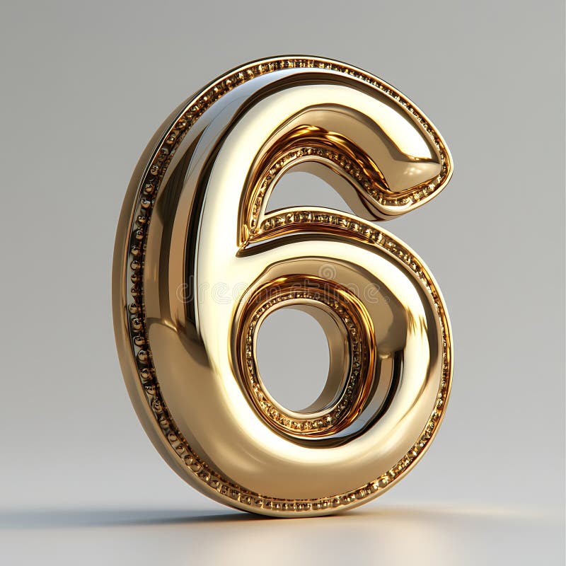 Golden Number Six in 3D Rendering on White Background Stock ...