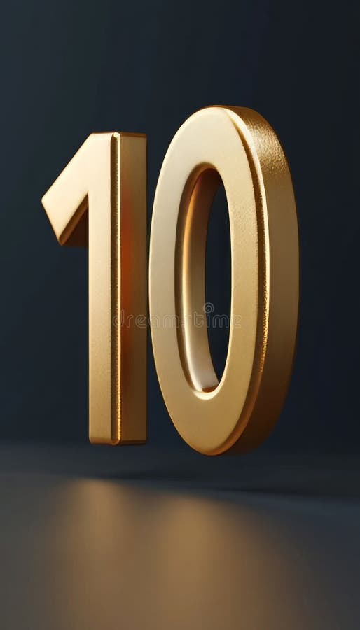 Golden Number Ten, 3D Rendered Metallic Digit on Dark Background with ...