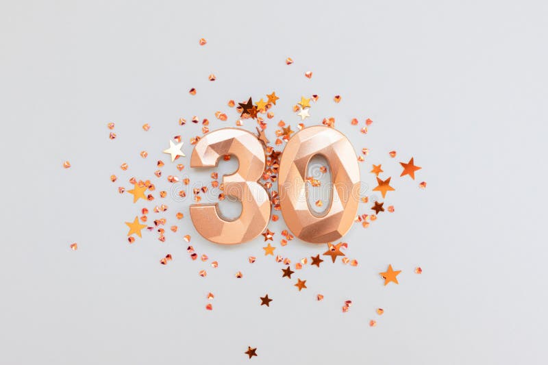 Golden Number Thirty and Stars Confetti on a Blue Background. Stock ...