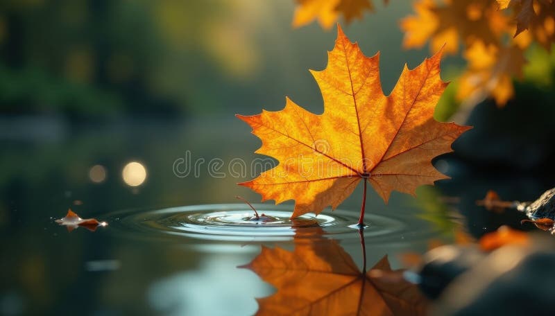 Golden Oak Leaf Descends, Touching Glassy Water, Water Reflection ...