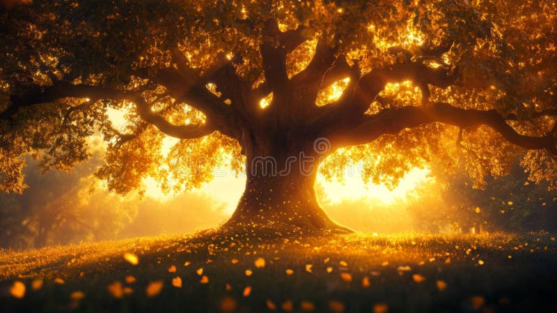 Golden Oak Tree at Sunset, Magical Autumn Glow Stock Illustration ...