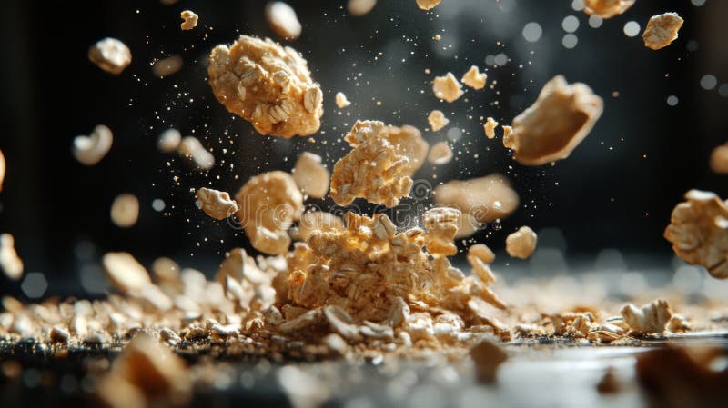 Golden Oatmeal Flakes Exploding Against Dark Background Stock ...