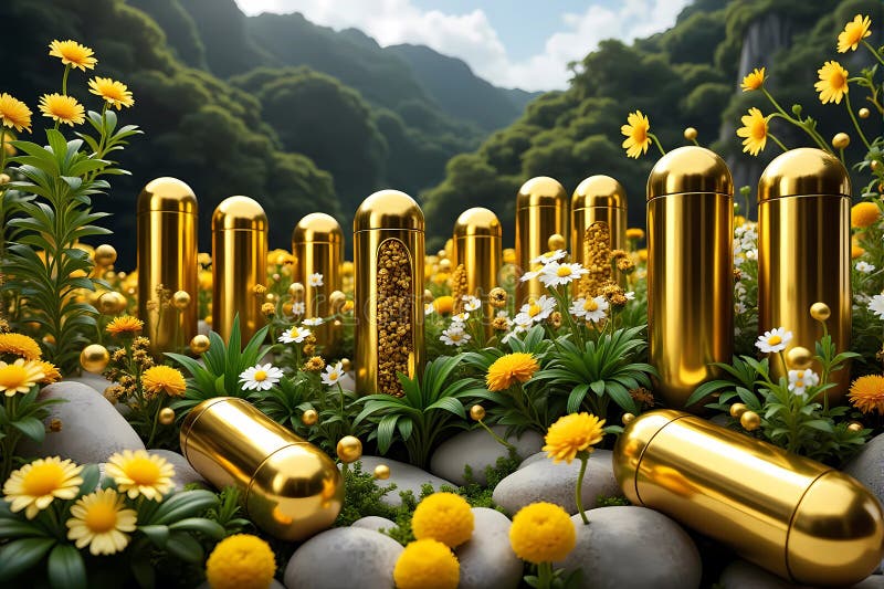 Golden Objects among Plants and Flowers. Stock Illustration ...