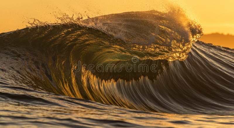 Golden Ocean Wave at Sunset Stock Illustration - Illustration of ...