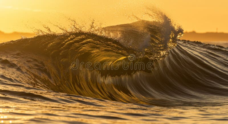 Golden Ocean Wave at Sunset Stock Illustration - Illustration of water ...