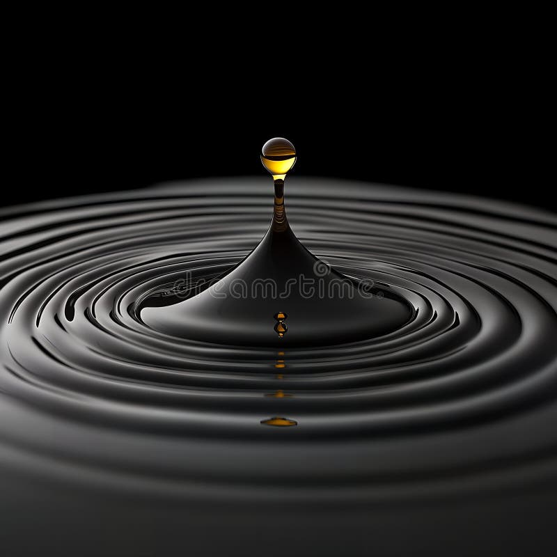 Golden Oil Drop Falling into Dark Liquid Creating Perfect Ripples ...