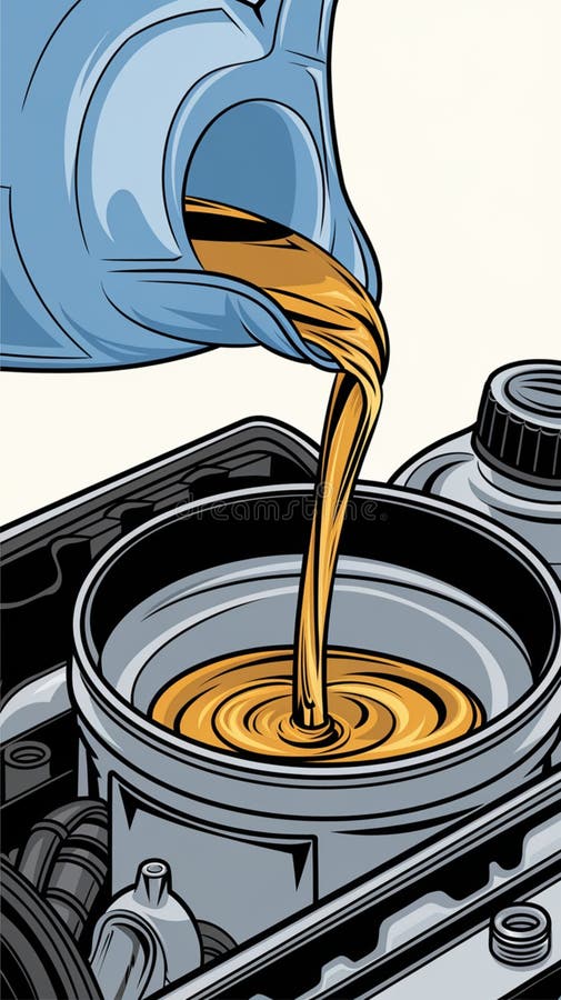 Golden Oil Pouring into Engine Compartment, Emphasizing Maintenance and ...