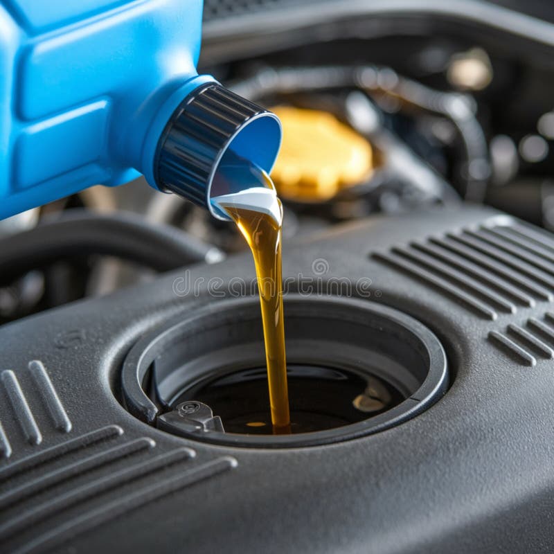 Golden Oil Pouring into Engine Compartment, Emphasizing Maintenance and ...