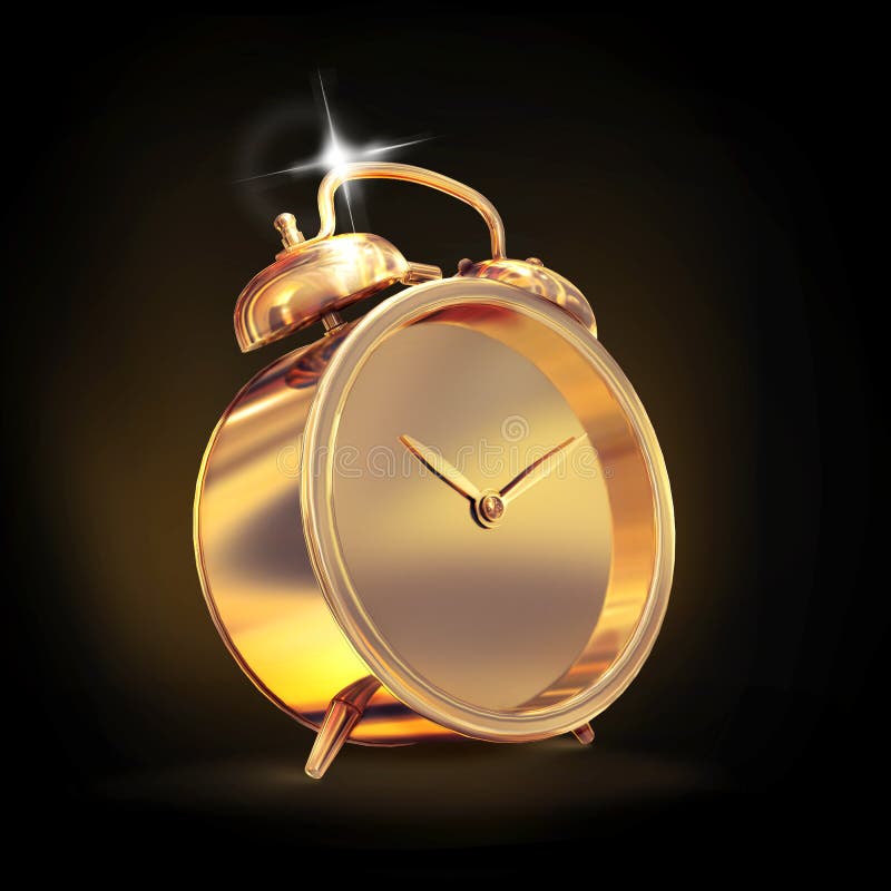Golden Old Fashioned Alarm Clock on Black Background. Stock ...