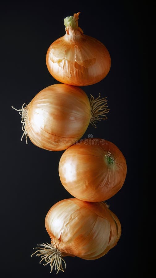Golden Onions on Black Reflective Surface Stock Photo - Image of ...