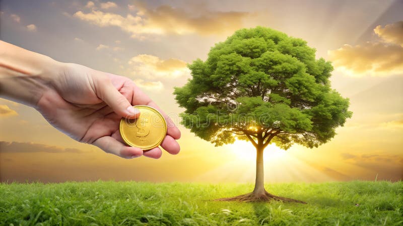 Golden Opportunity: a Hand Reaching for a Dollar Coin with a Tree ...