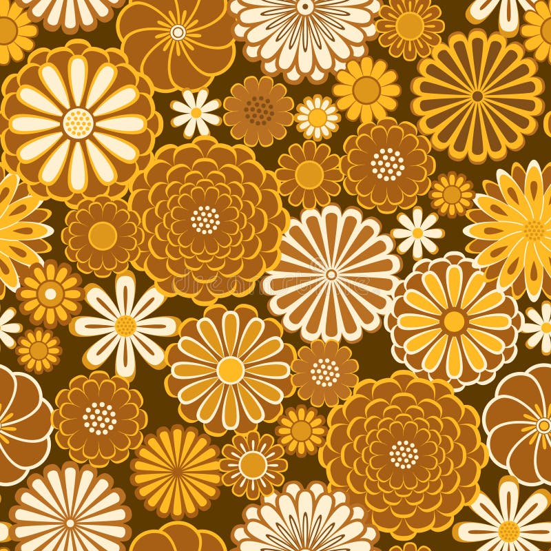 Golden Orange Circle Daisy Flowers Natural Seamless Pattern, Vector ...