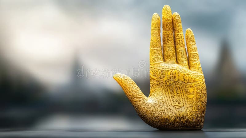 Golden Ornate Hand Sculpture with Intricate Patterns Against Blurred ...