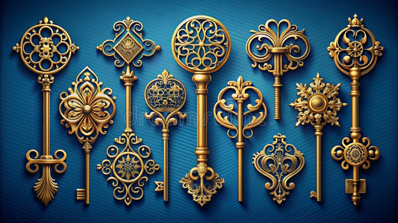Golden Ornate Keys on Blue Background, 3D Render, Gold Keys, Ornate ...