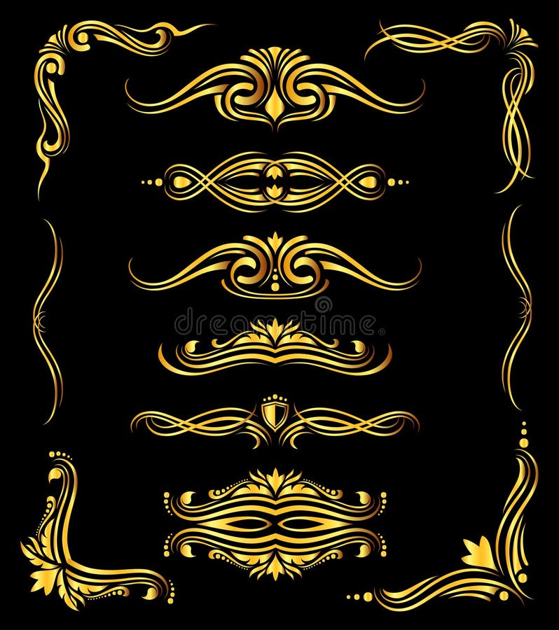 Golden Ornate Vector Borders and Corner Elements Over Black Stock ...