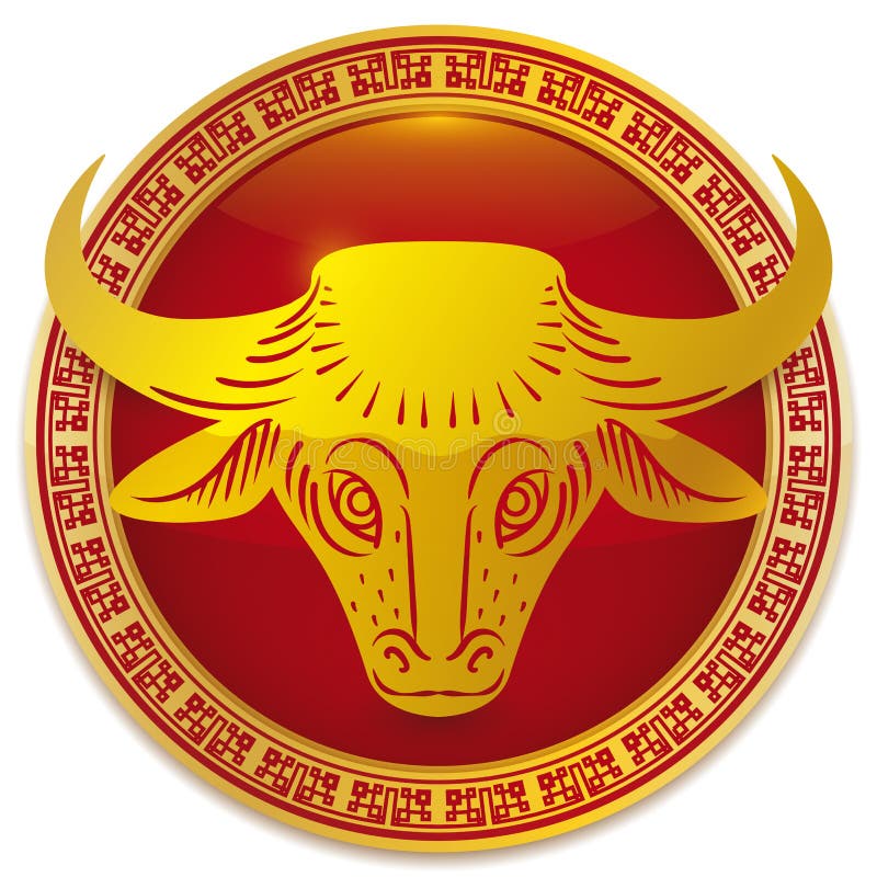 Golden Ox Face and Red Button with Chinese Frame Pattern, Vector ...