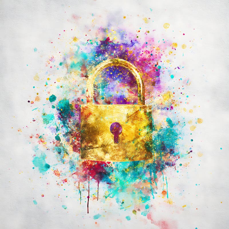 Golden Padlock in an Abstract Watercolor Explosion Security and ...