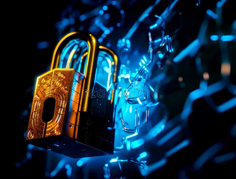 Golden Padlock on Black Background with Blue and Yellow Lights Around ...
