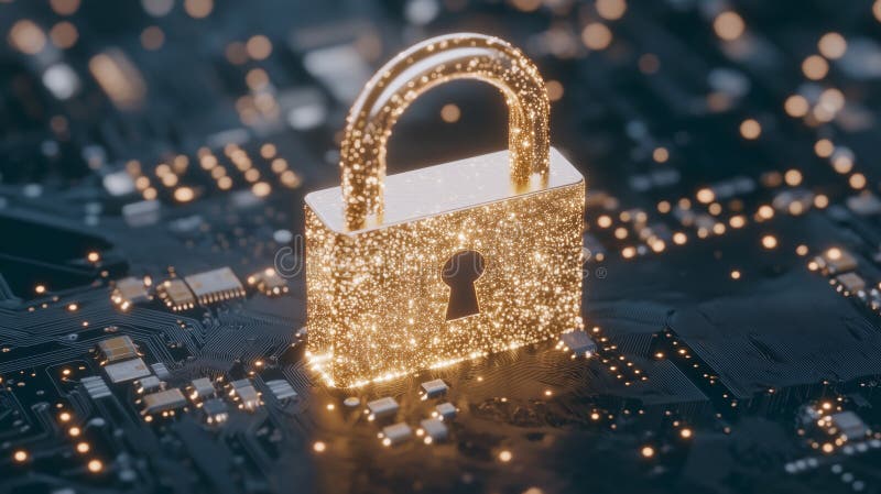 Golden Padlock on a Circuit Board with Glowing Lights Stock Photo ...