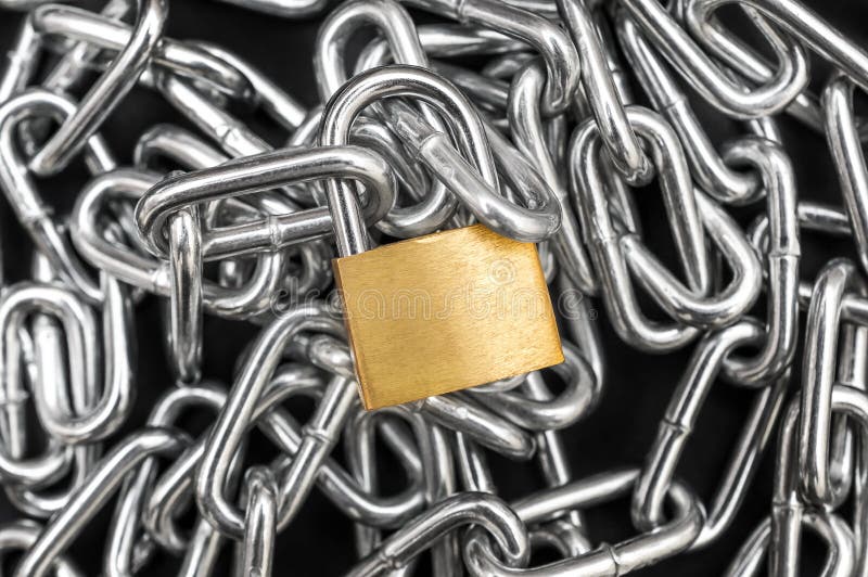 Golden Padlock on the Heap of Chain. Top View. Close Up Stock Image ...