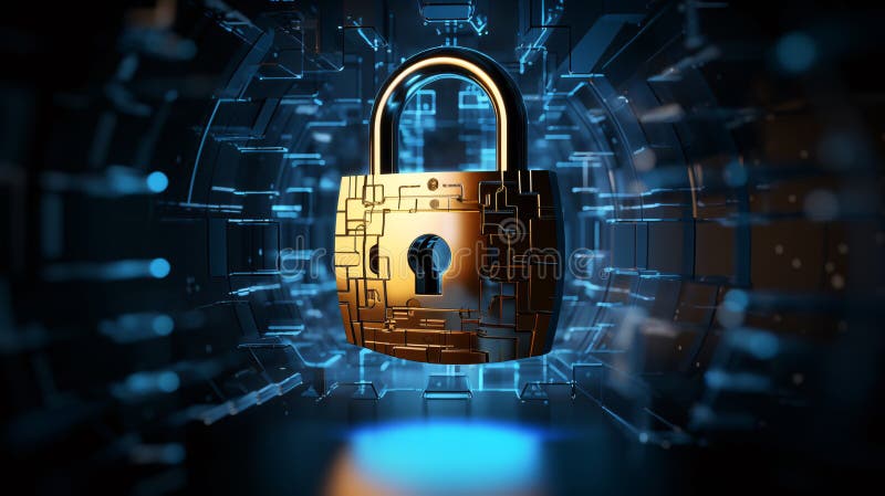 A Golden Padlock and Illuminated Digital Circuit Tech Elements with Blue Neon Glow Light ...