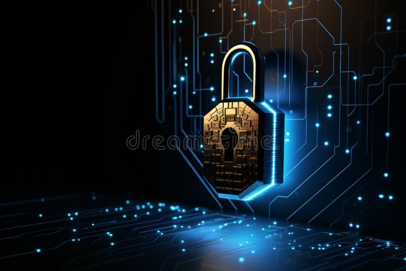 A Golden Padlock and Illuminated Digital Circuit Tech Elements with ...