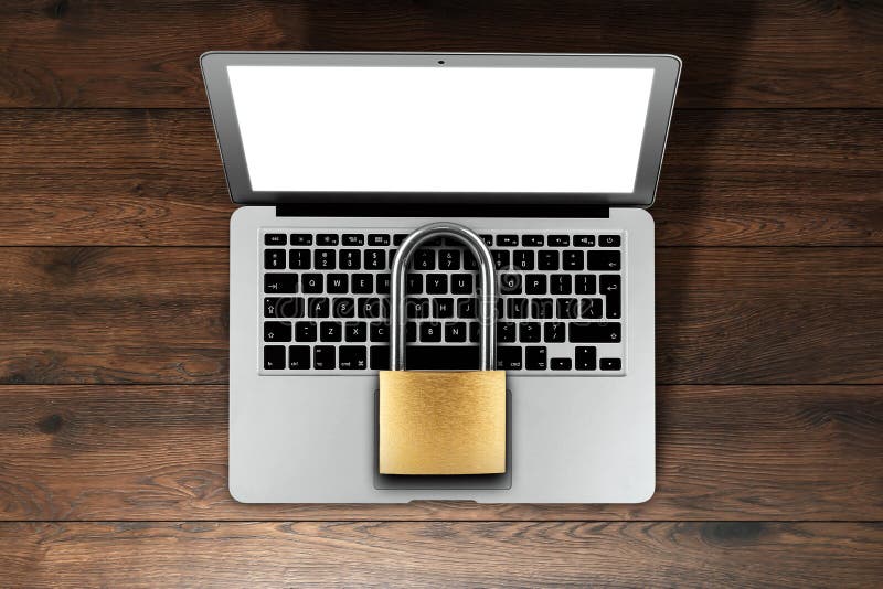 Golden Padlock on Laptop Keyboard Top View. Online Data Privacy Concept ...