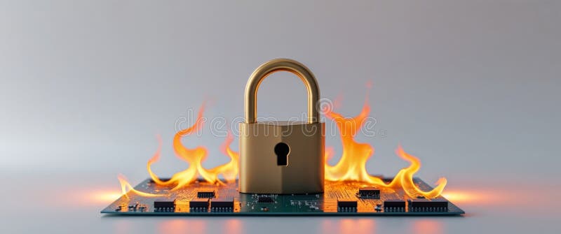 Golden Padlock Over Circuit Board with Orange Fire Representing Data Security Stock Photo ...