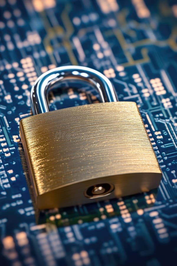 A Golden Padlock Secured on a Circuit Board, Ready for Protection Stock ...